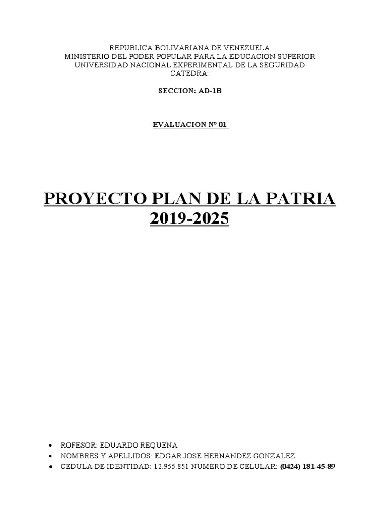 Proyecto Plan de La Patria 2019-2025 | PDF | Politica social | Venezuela