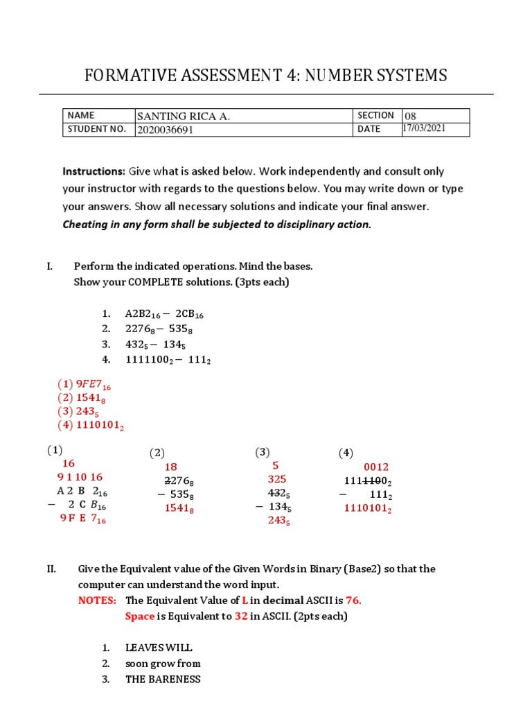 Formative Assessment 4: Number Systems: Instructions: Give What Is ...