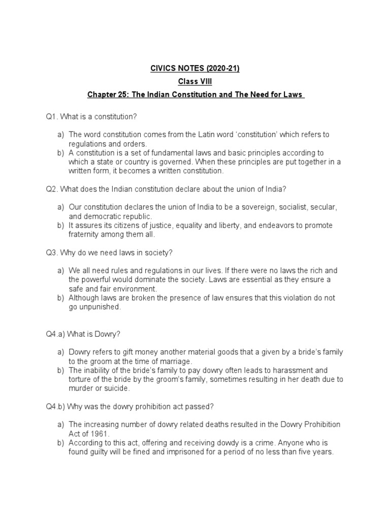 CIVICS NOTES (2020-21) Class VIII Chapter 25: The Indian Constitution ...