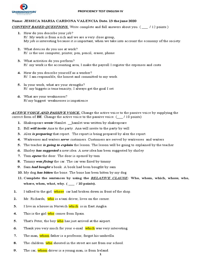 English Iv. Proficiency Test | PDF | Grammar | Linguistics