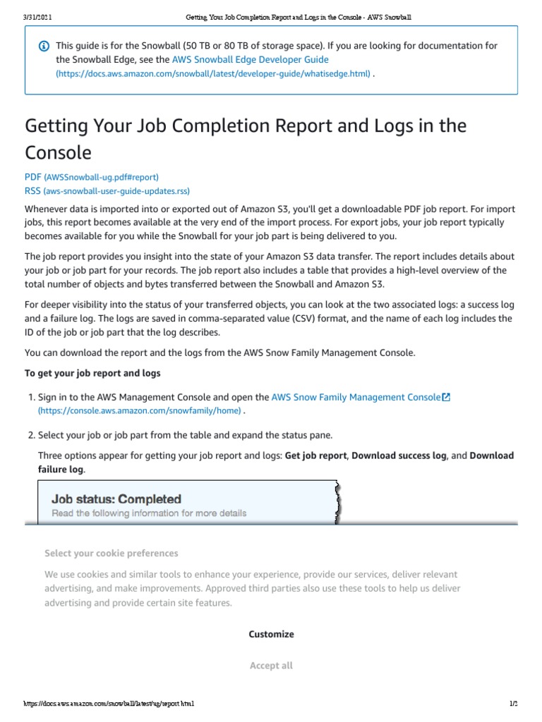 Getting Your Job Completion Report and Logs in The Console - AWS Snowball | PDF | Comma ...