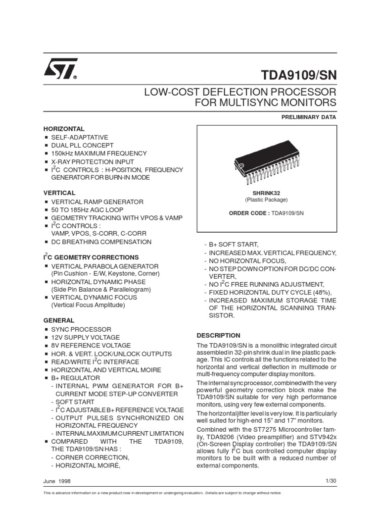 TDA9109/SN: Low-Cost Deflection Processor For Multisync Monitors | PDF | Amplitude | Electricity