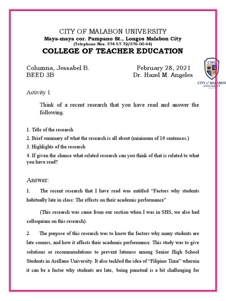 College of Teacher Education: City of Malabon University | PDF | Human ...