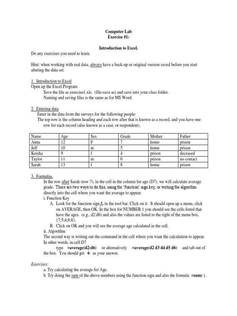 Computer Lab Exercise #1: Introduction To Excel.: Exercises | PDF ...