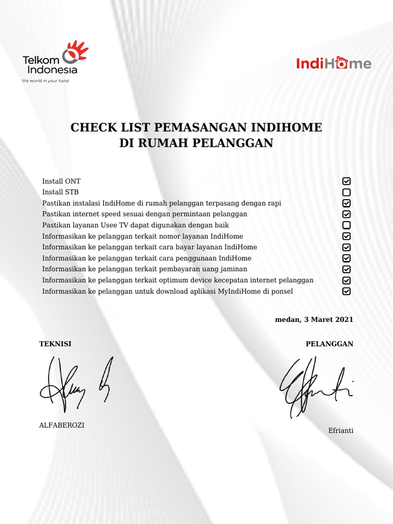 Check List Pemasangan Indihome Di Rumah Pelanggan: Medan, 3 Maret 2021 ...
