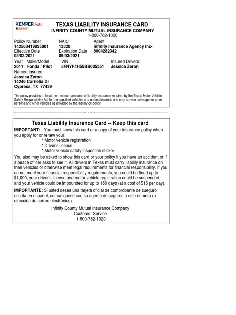 Texas Liability Insurance Card | PDF | Insurance | Service Industries