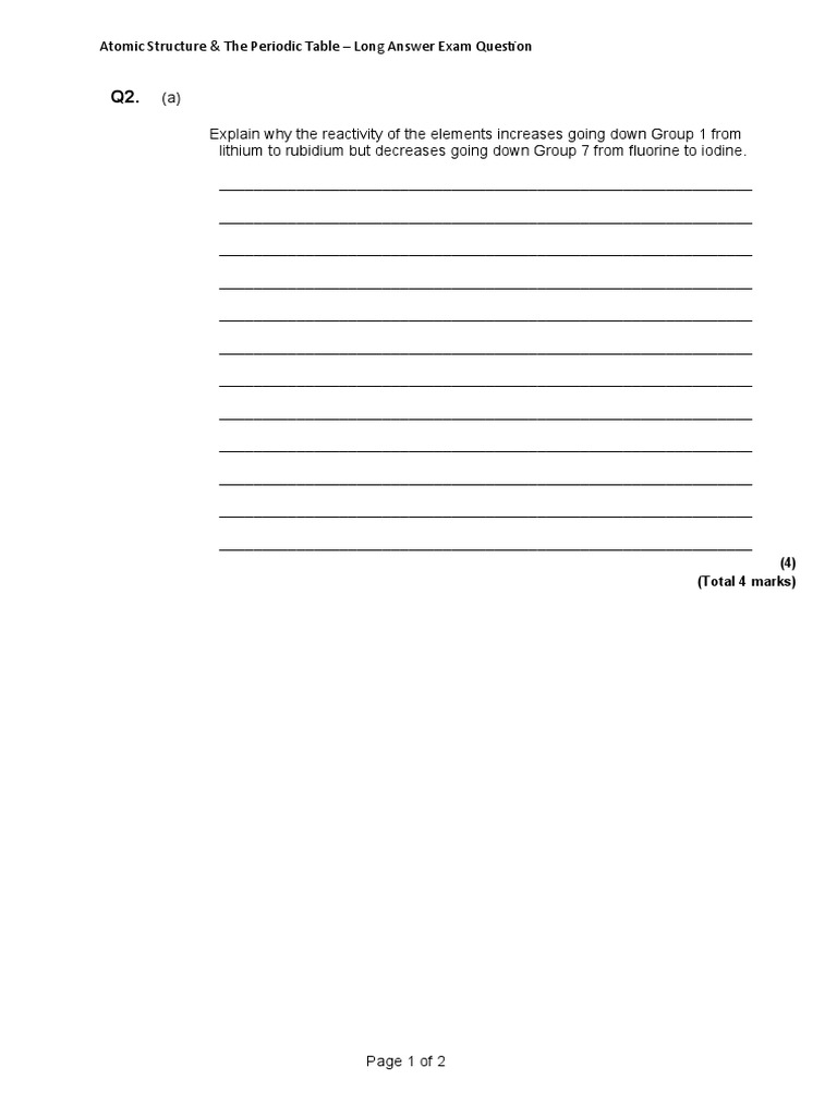 Atomic Structure - The Periodic Table - Long Answer Exam Question ...