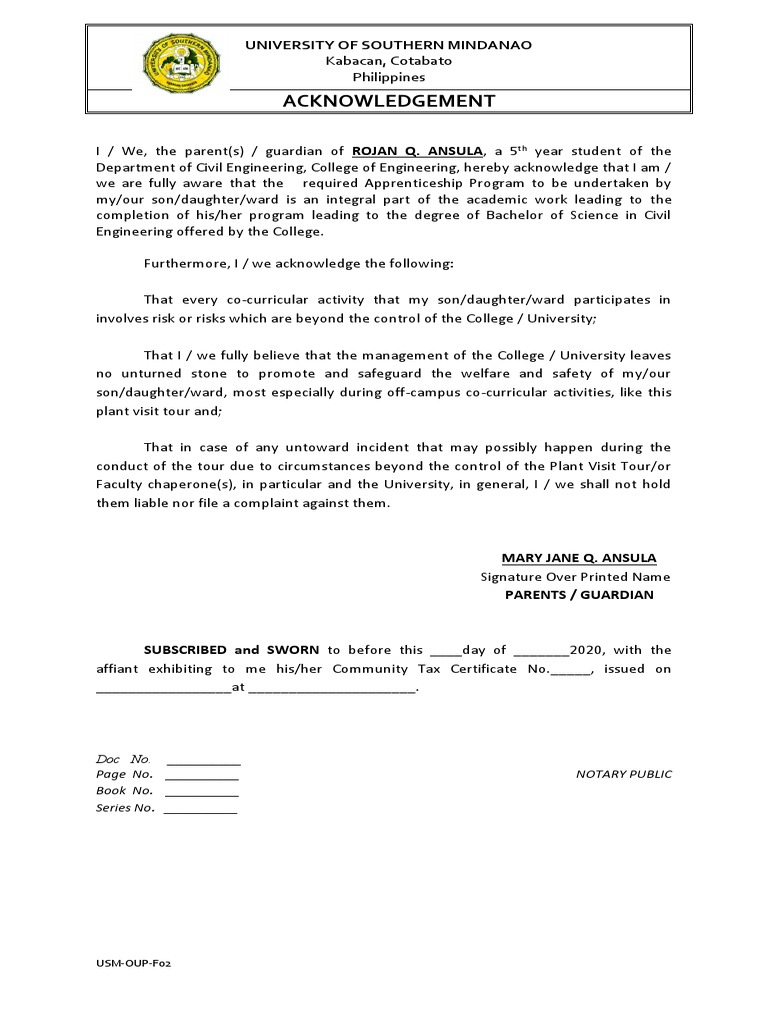 OJT Acknowledgement for Student Report | PDF | Finance & Money Management