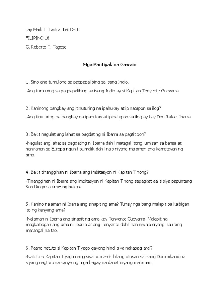 Jay Mark F. Lastra Pantiyak Na Gawain (Noli) Filipino18 | PDF
