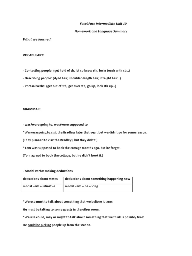 F2F Intermediate Unit 10 Homework Summary | PDF