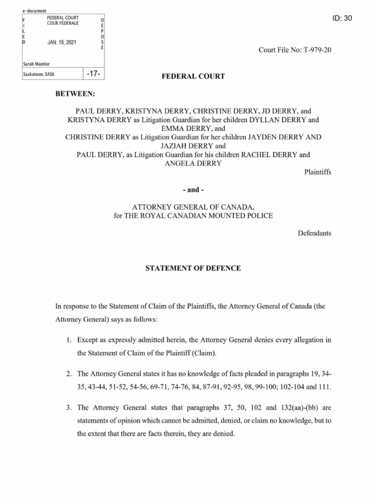 Paul Derry Et Al v. AG Canada, Statement of Defence | PDF | Damages ...