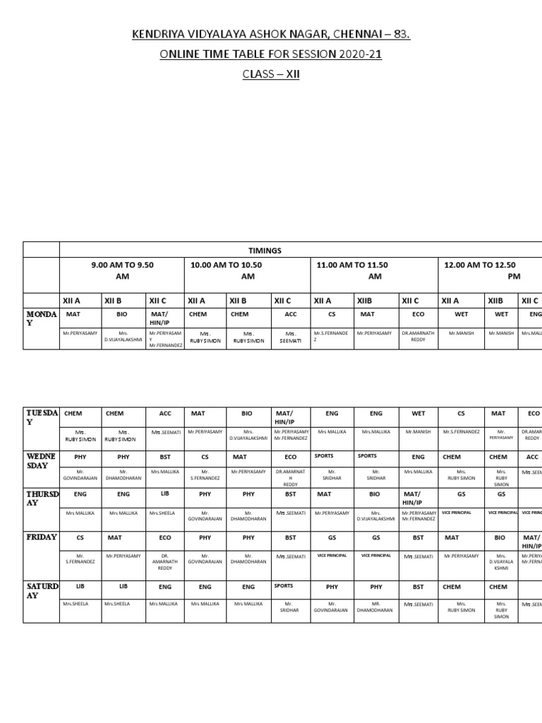 Kendriya Vidyalaya Ashok Nagar Class XII Time Table | PDF