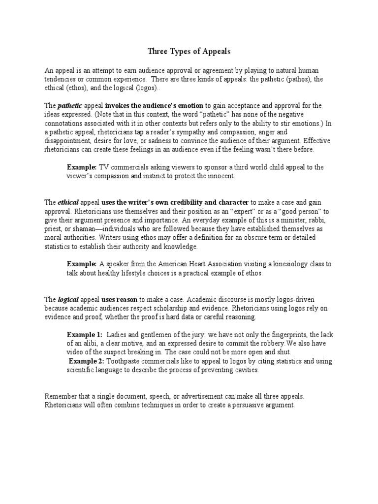 Three Types of Appeals: Example | PDF | Rhetoric | Emotions