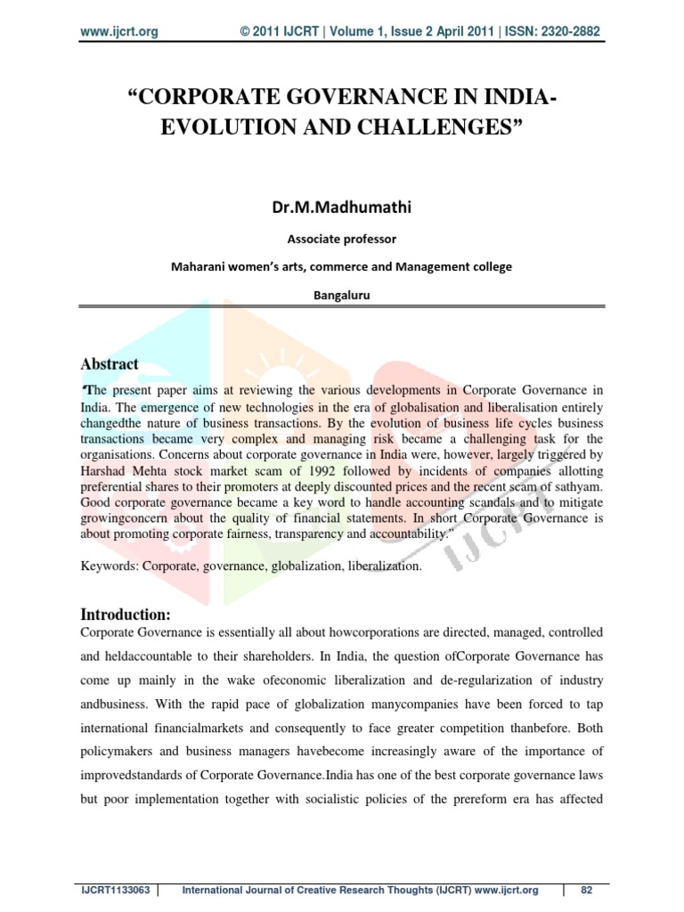"Corporate Governance in India-Evolution and Challenges": Dr.M ...