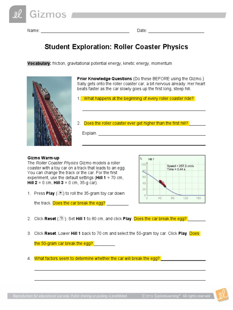 Student Exploration: Roller Coaster Physics | PDF | Kinetic Energy ...