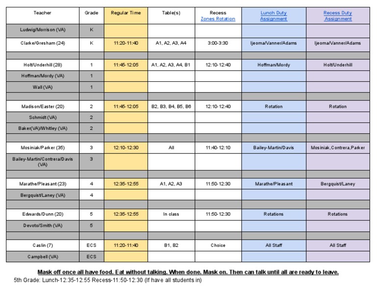 School Recess and Lunch Duty Schedule | PDF