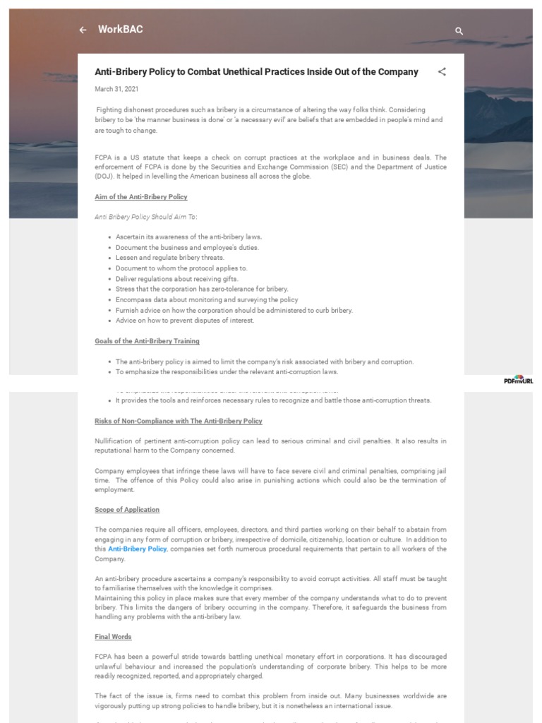 Anti-Bribery Policy for Businesses | PDF