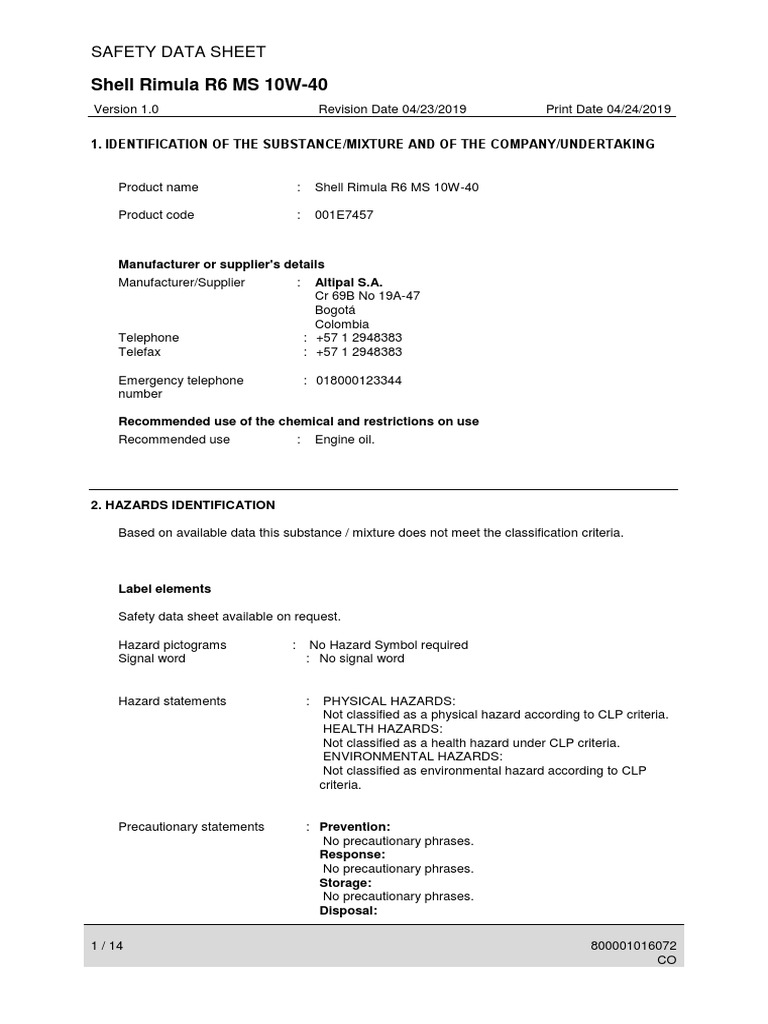 SAFETY DATA SHEET Shell Rimula R6 MS 10W-40 | PDF | Toxicity | Personal ...