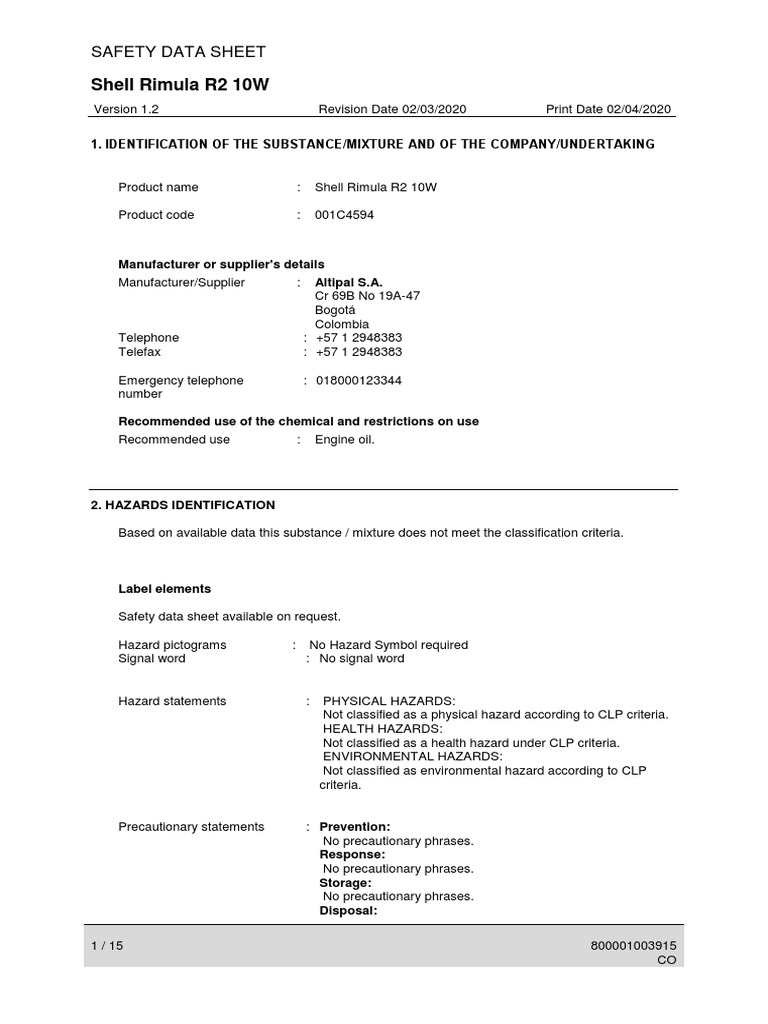SAFETY DATA SHEET Shell Rimula R2 10W | PDF | Personal Protective ...