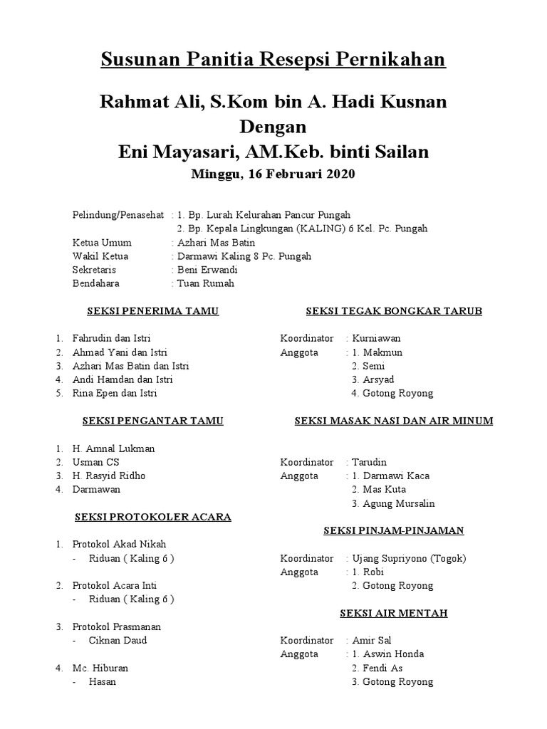 Susunan Panitia Resepsi Pernikahan | PDF Susunan Panitia Resepsi Pernikahan | PDF
