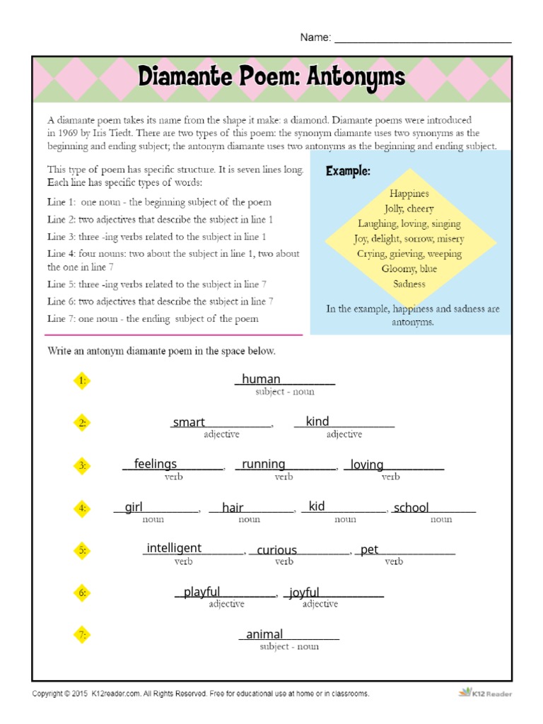 Diamante Poem - Antonyms - Poetry Worksheet - Edited | PDF