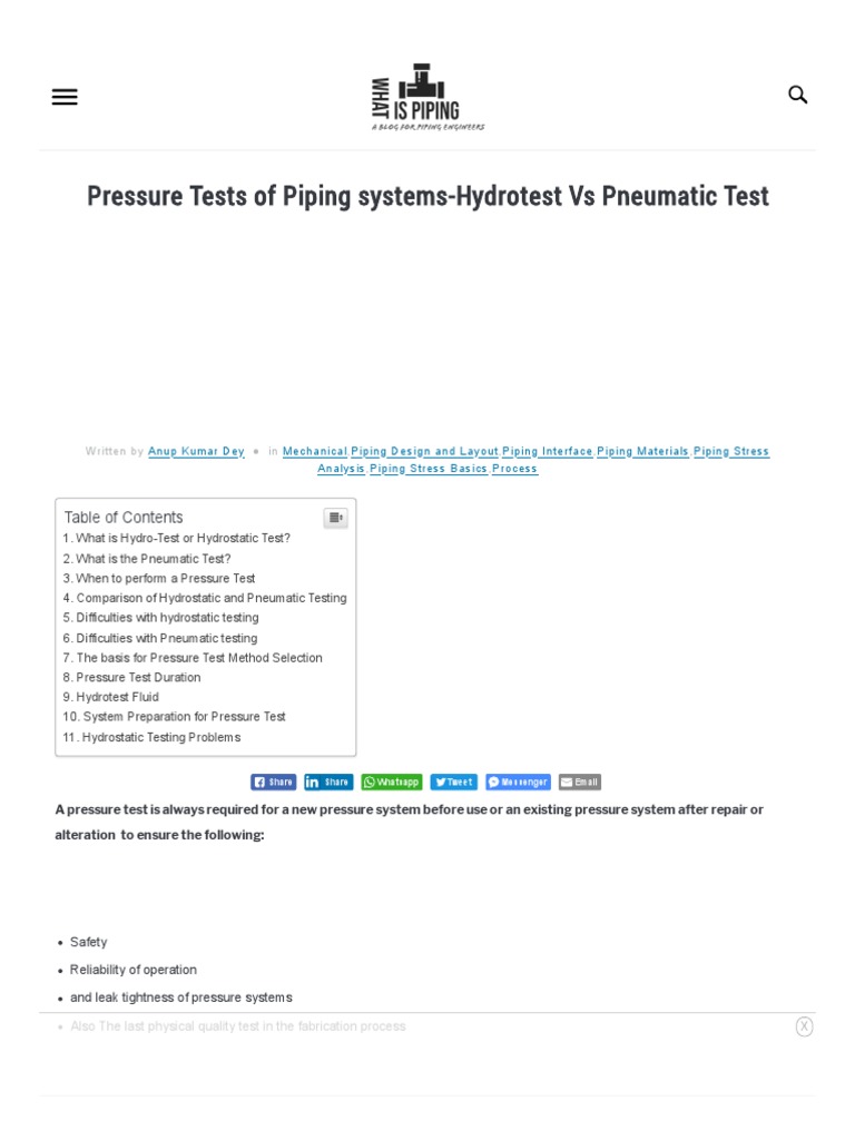 Pressure Tests of Piping Systems-Hydrotest Vs Pneumatic Test | PDF ...