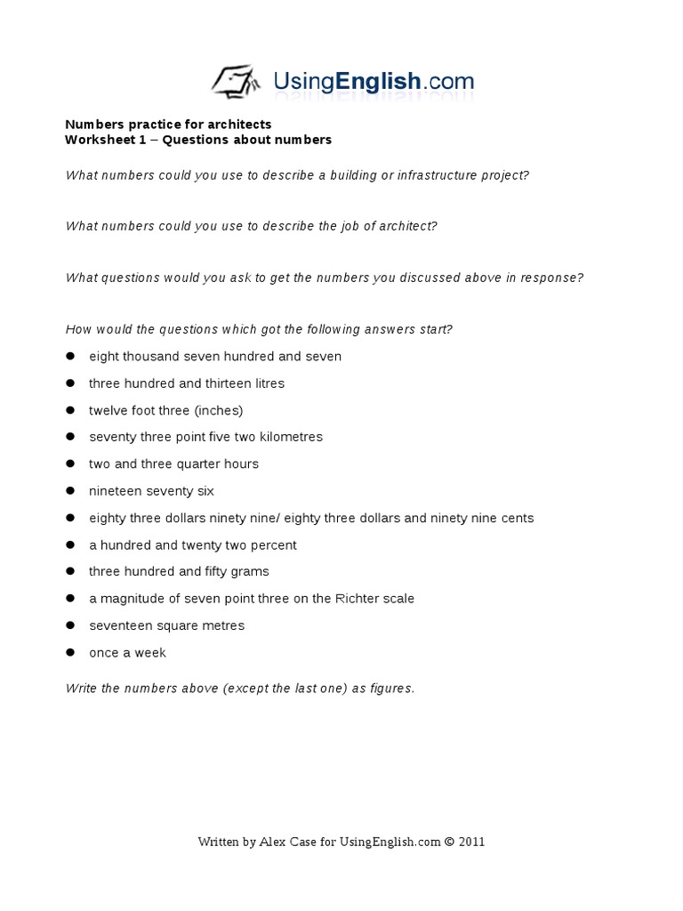 Numbers Practice For Architects Worksheet 1 - Questions About Numbers ...