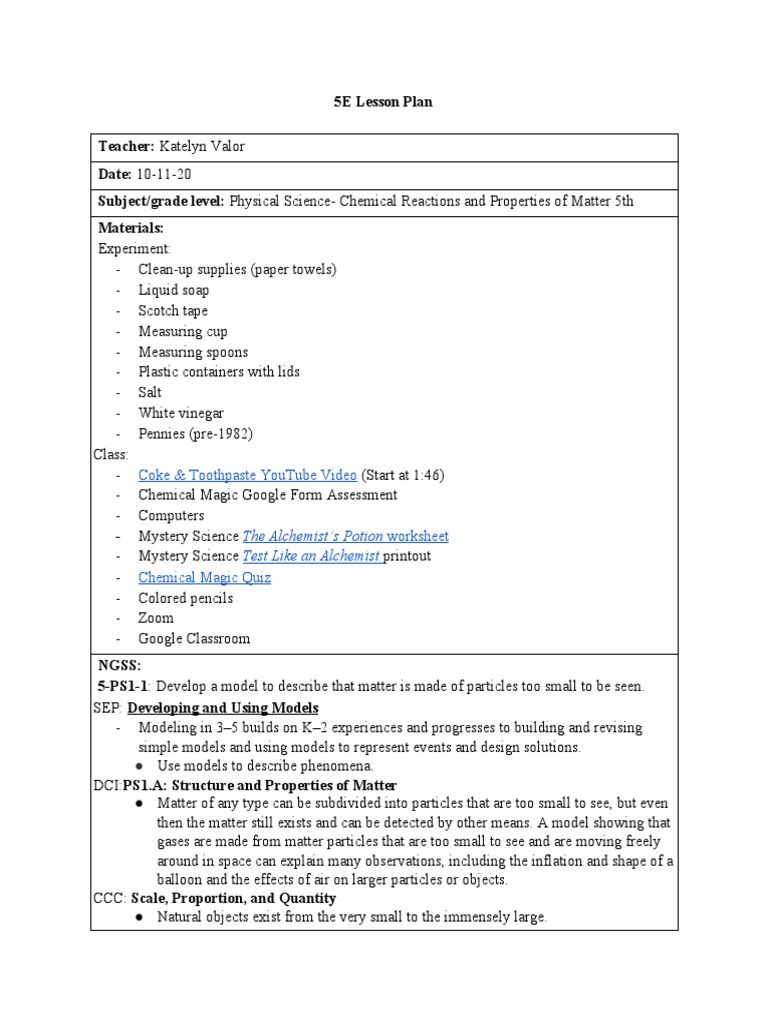 Physical Science 5e Lesson Plan | PDF | Matter | Weight