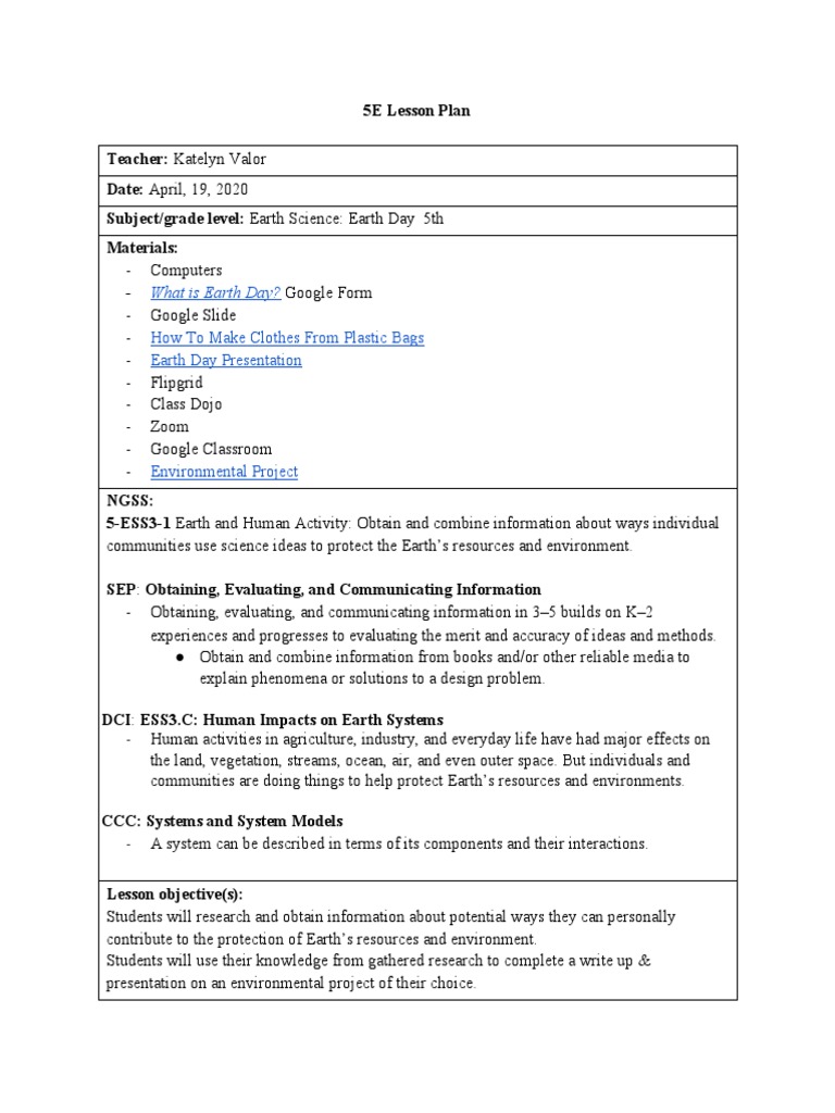 Earth Science 5e Lesson Plan | PDF | Lesson Plan | Recycling