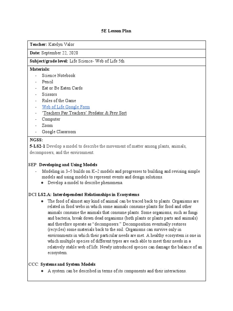 5E Life Science Lesson Plan: Food Chains | PDF | Predation | Foods