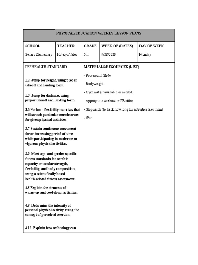 Physical Education Weekly Lesson Plans | PDF | Physical Education ...