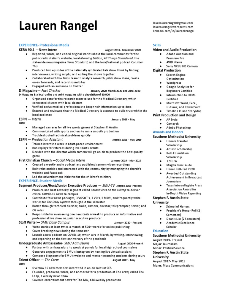 Lauren Rangel: EXPERIENCE-Professional Media Skills | PDF | Mass Media ...