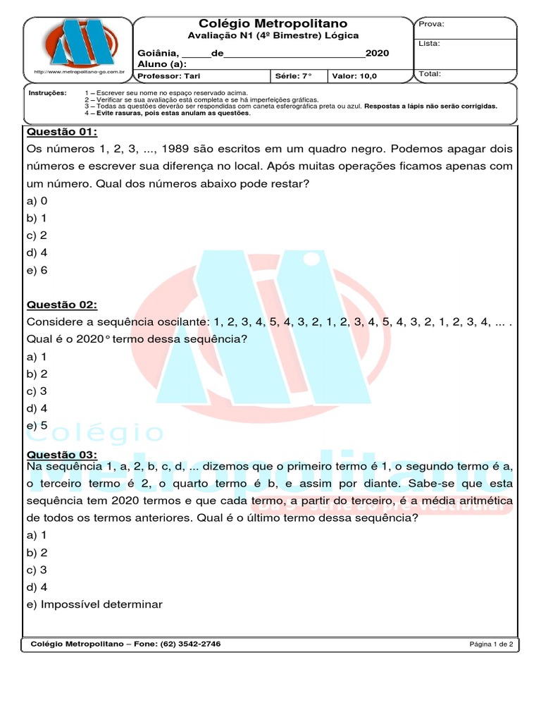 7° Ano - Lógica | PDF | Sequência | Ensino de Matemática