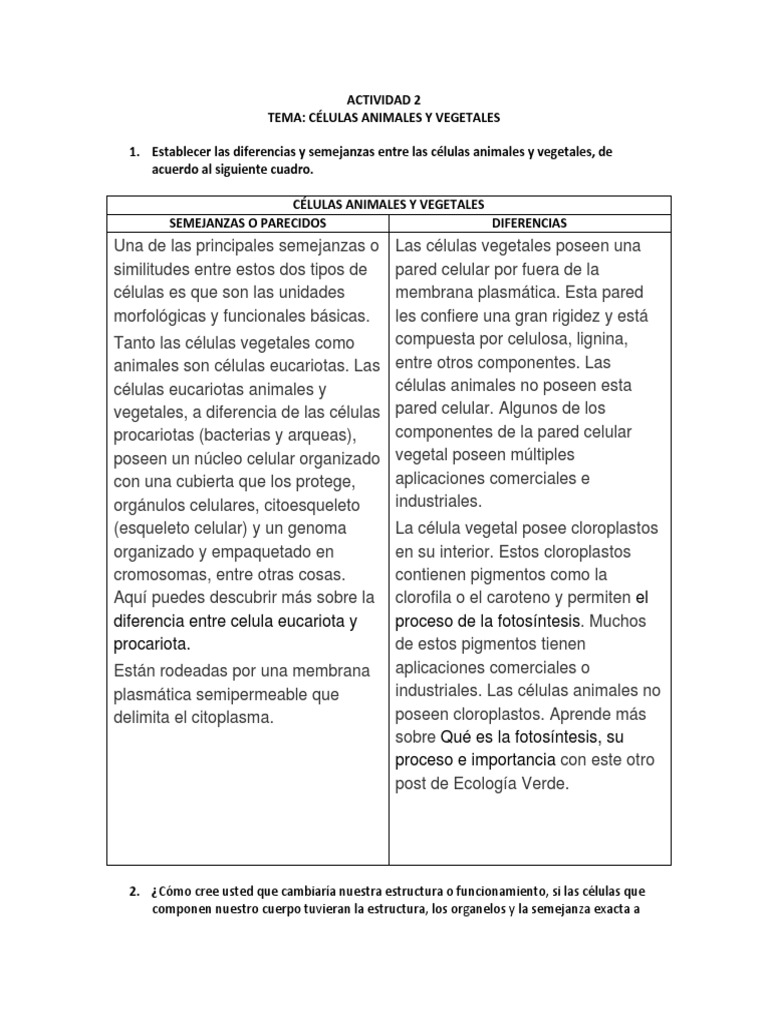 Actividad 2 Celula Animal y Vegetal | PDF | Biología Celular) | Plantas