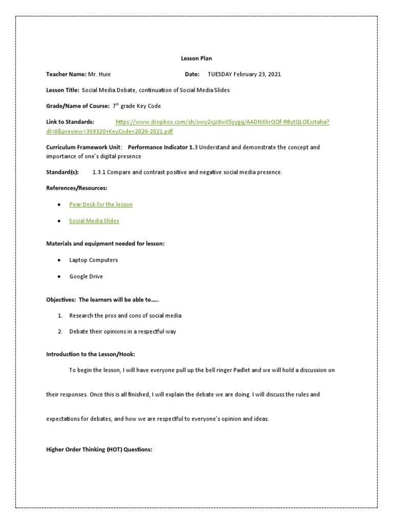 Social Media Debate Lesson Plan | PDF | Social Media | Popular Culture ...