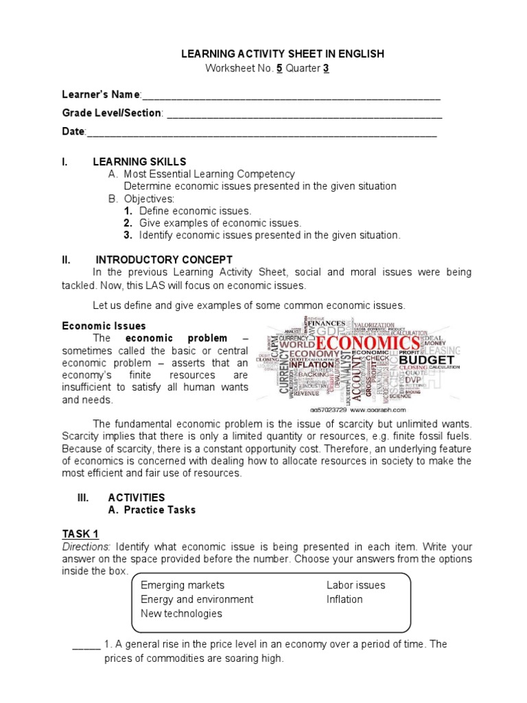 Understanding Economic Issues Worksheet | PDF | Resource | Economics