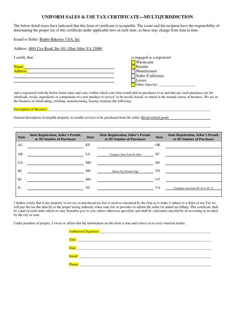 Uniform Sales & Use Tax Certificate-Multijurisdiction: Complete State ...