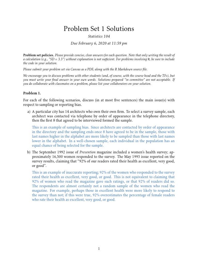 Problem Set 1 Solutions: Statistics 104 Due February 6, 2020 at 11:59 ...