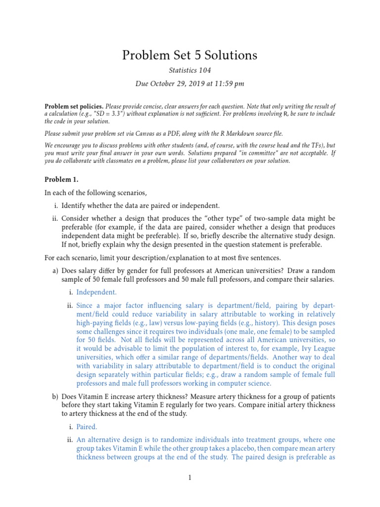 Pset 5 - Fall2019 - Solutions PDF | PDF | P Value | Student's T Test