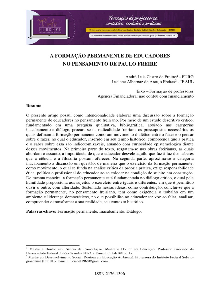 A Formação Permanente de Educadores No Pensamento de Paulo Freire | PDF ...