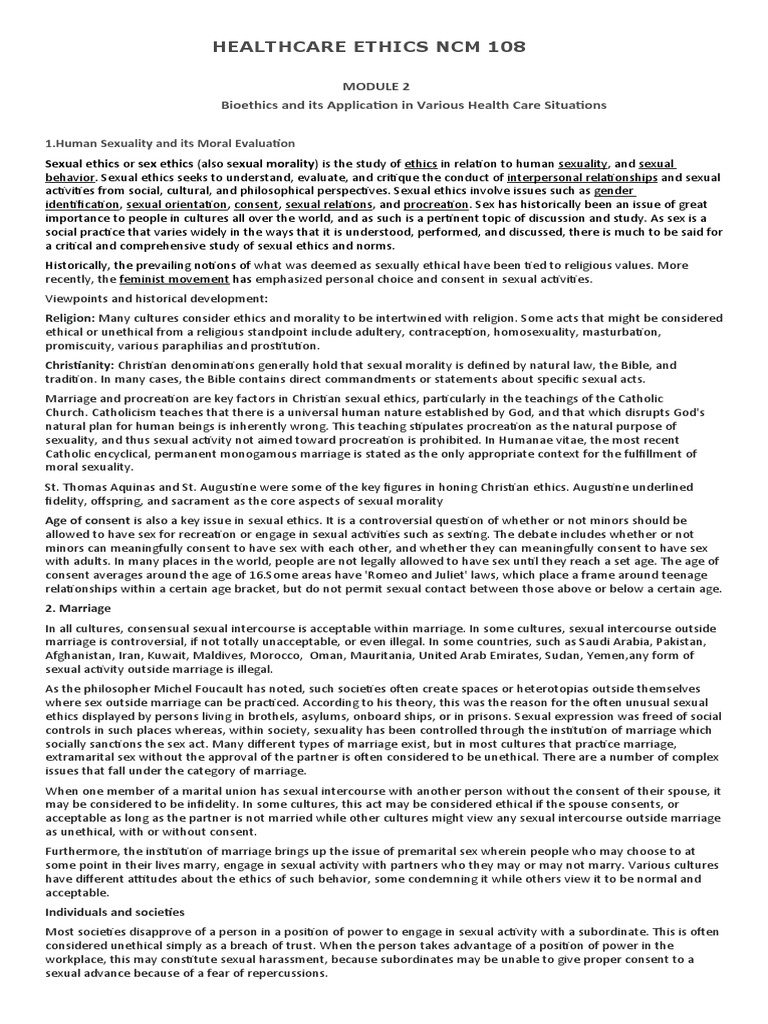 Healthcare Ethics NCM 108: Bioethics and Its Application in Various ...