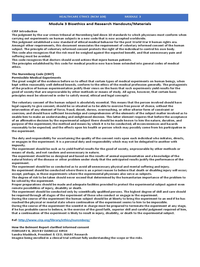 Module 3 Bioethics and Research Handouts | PDF | Informed Consent ...