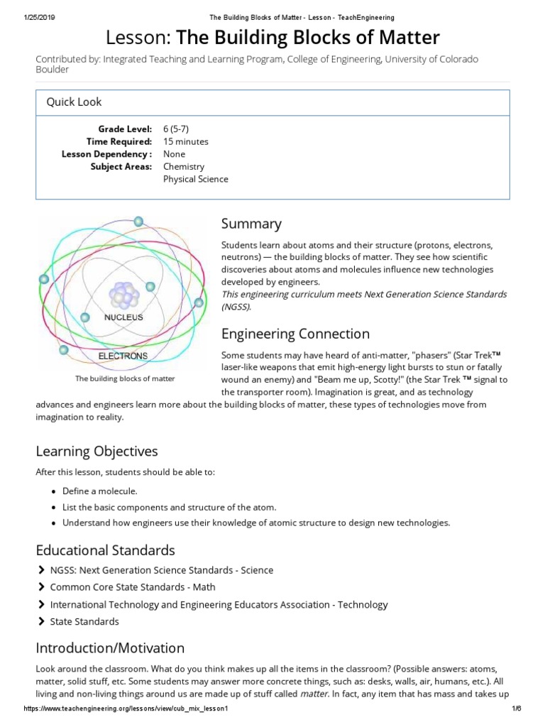 The Building Blocks of Matter - Lesson - TeachEngineering | PDF | Atoms ...
