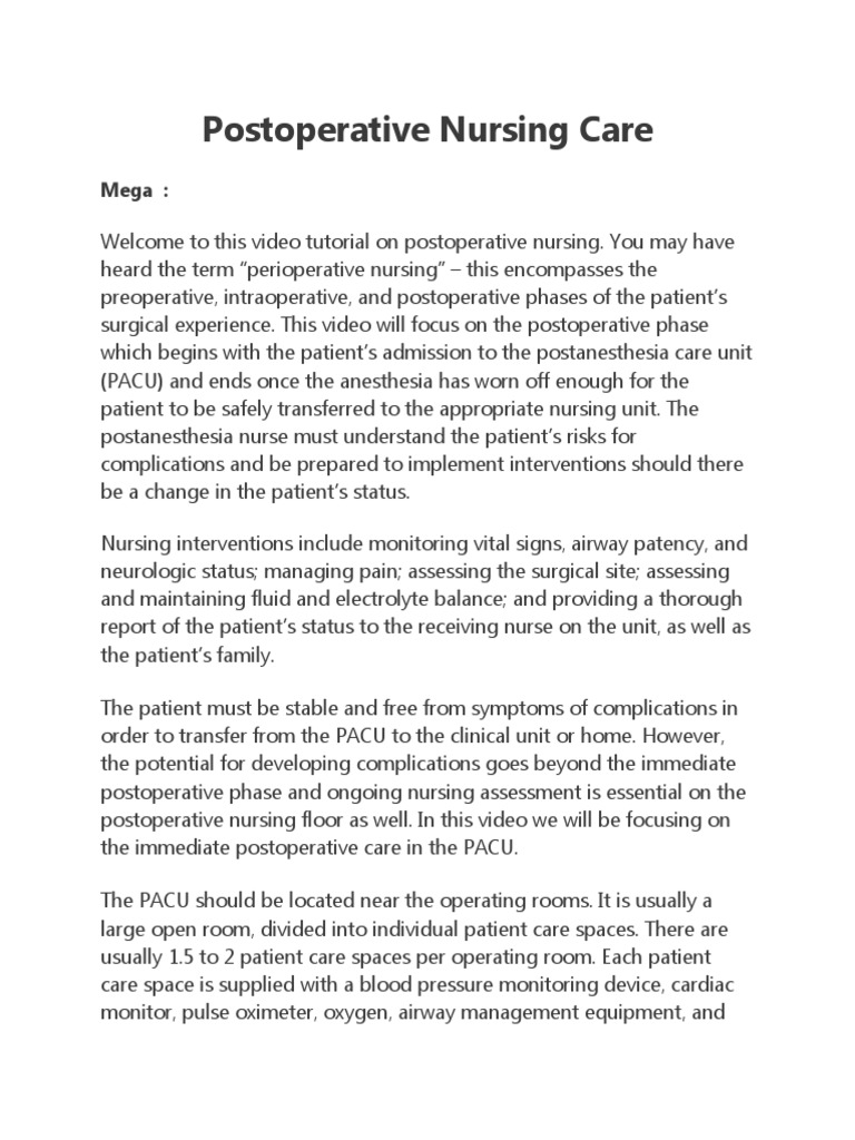 Postoperative Nursing Care-1 | PDF | Anesthesia | Hypoxia (Medical)