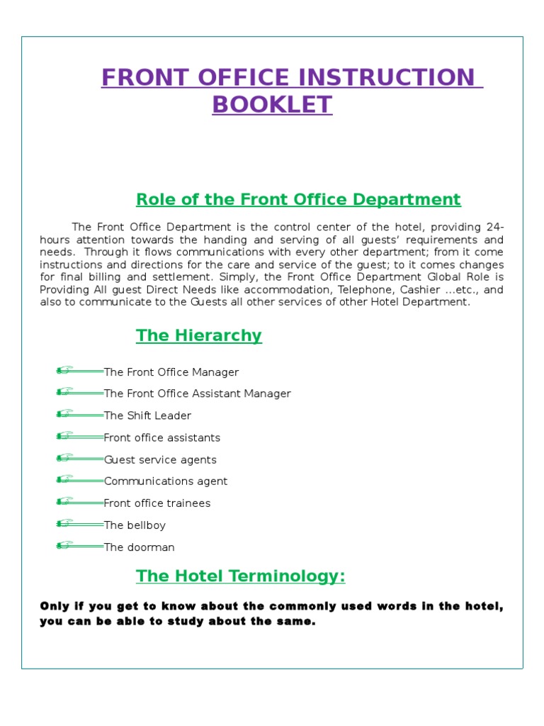 Front Office Instruction Booklet | PDF | Credit Card | Hotel