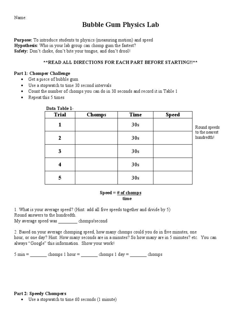 Bubble Gum Physics Lab: Trial Chomps Time Speed 1 2 3 4 5 | PDF | Speed