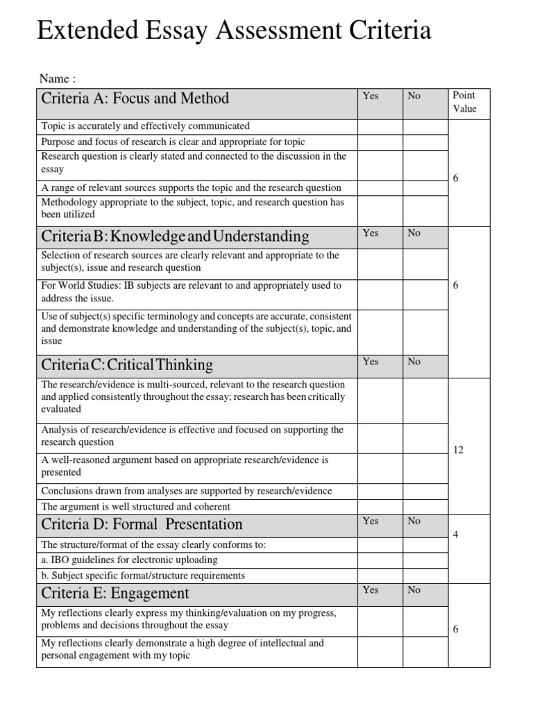 Student Checklist - Extended Essay Assessment Criteria | PDF | Essays ...