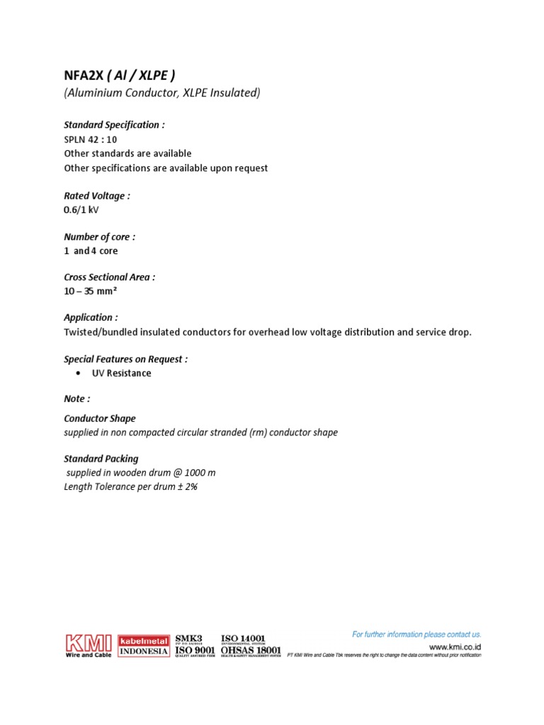 Nfa2X (Al / Xlpe) : (Aluminium Conductor, XLPE Insulated) | PDF