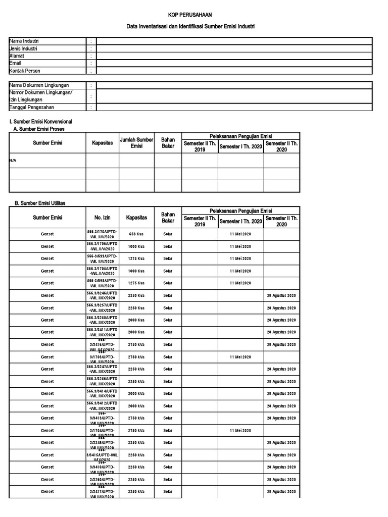 Form Pengisian Data Emisi 2019-2020 | PDF