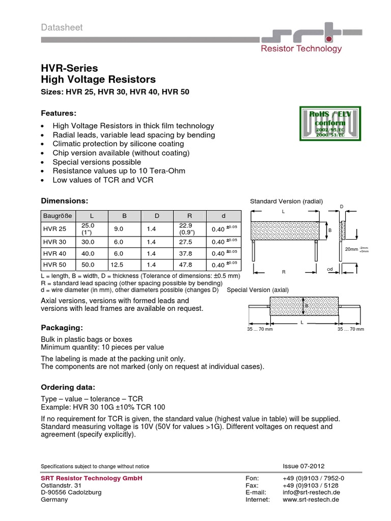 Technical Data - HVR Resistor Technology - High Voltage Resistors | PDF ...